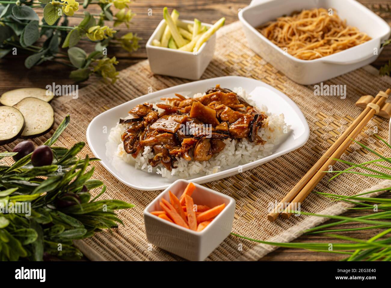 Chinese rice food with chicken and pices of bamboo shoots Stock Photo ...