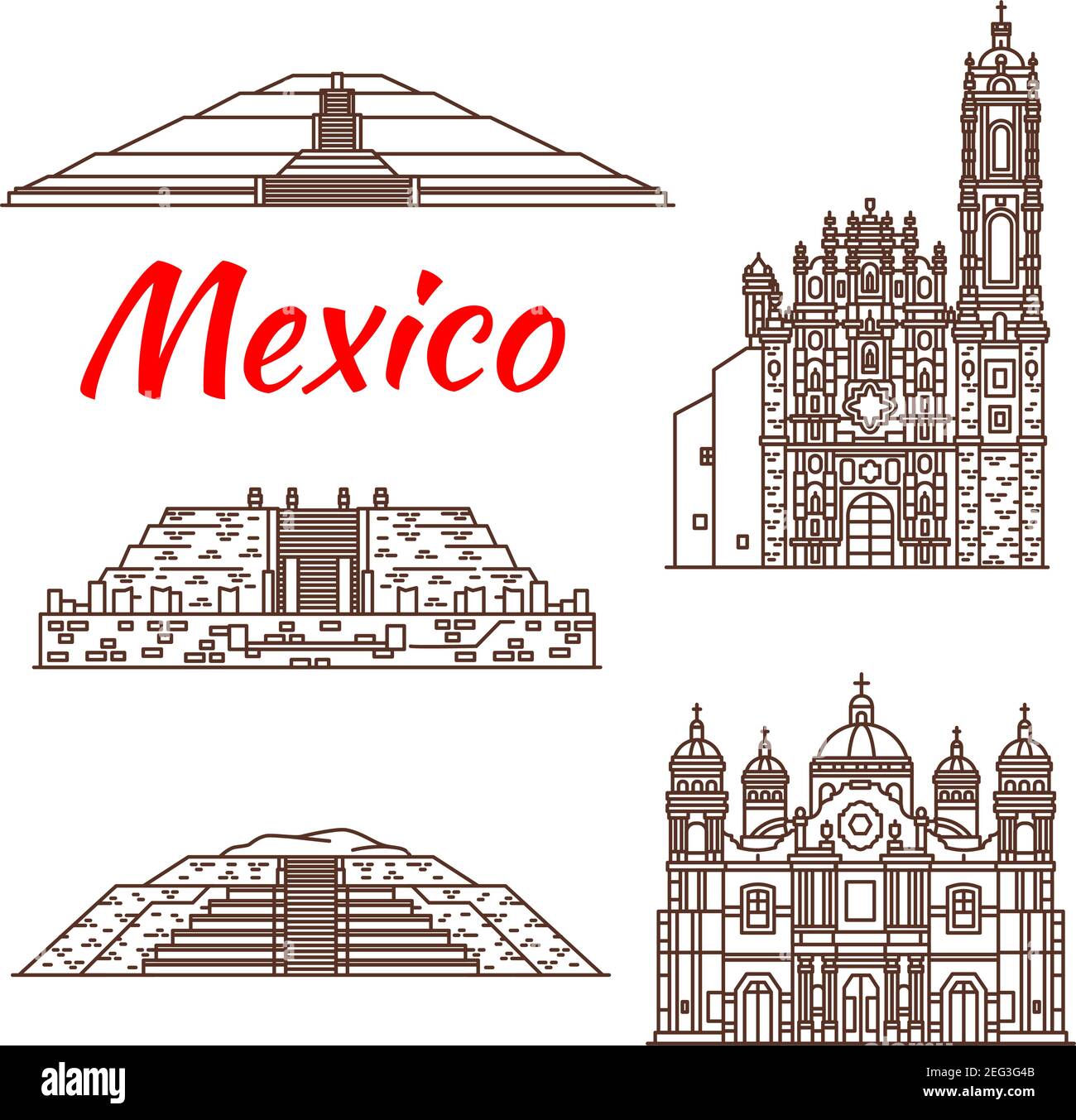 Travel landmark of Mexico thin line icon. Ancient Mexican Aztec Pyramid ...