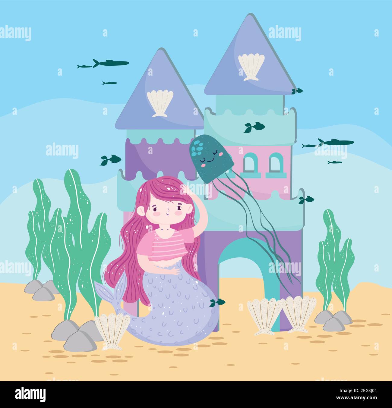 Mermaid with castle jellyfish fishes bottom on the sea vector ...