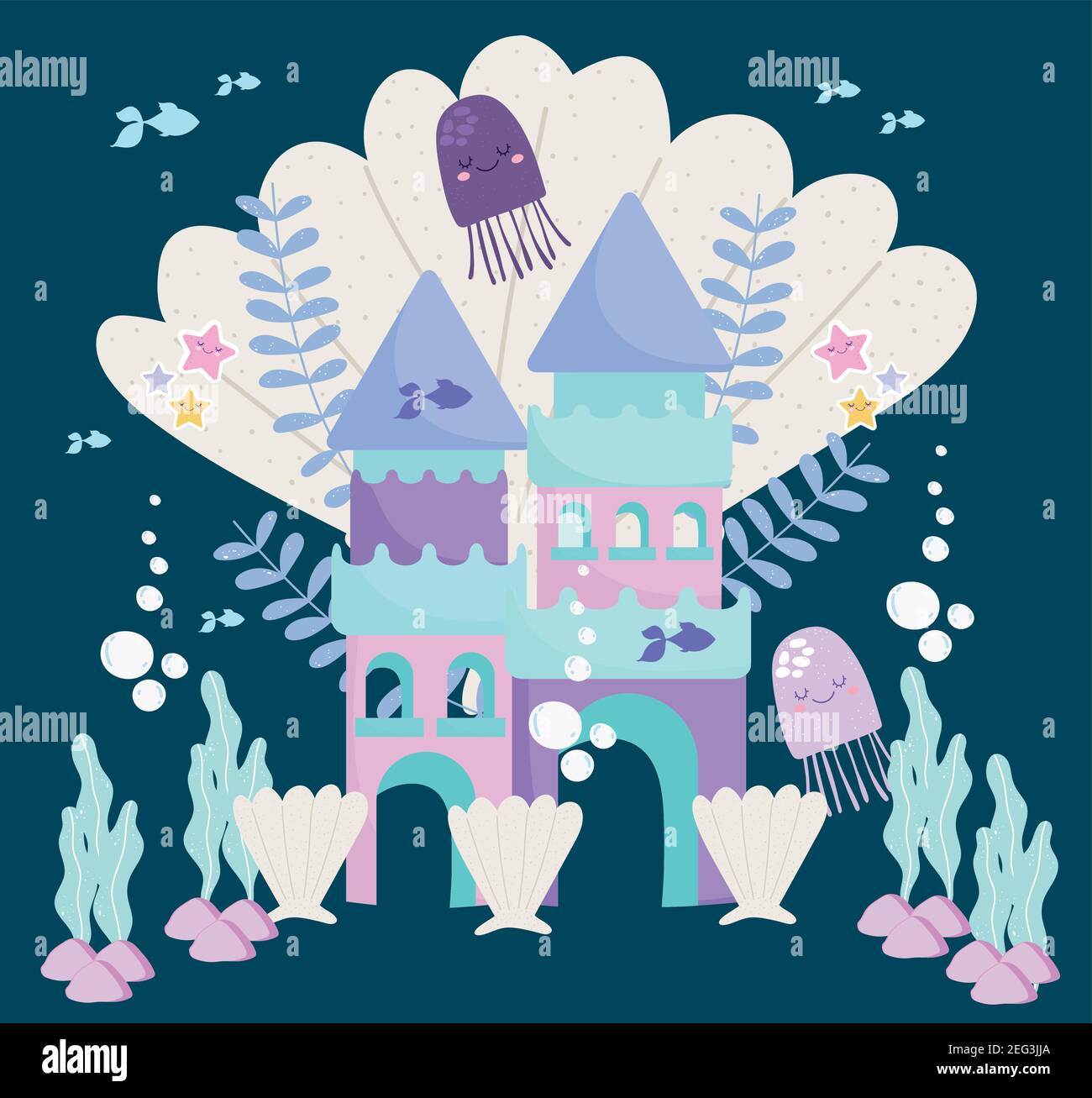 castle fantasy jellyfish seashells algae and fishes vector illustration ...