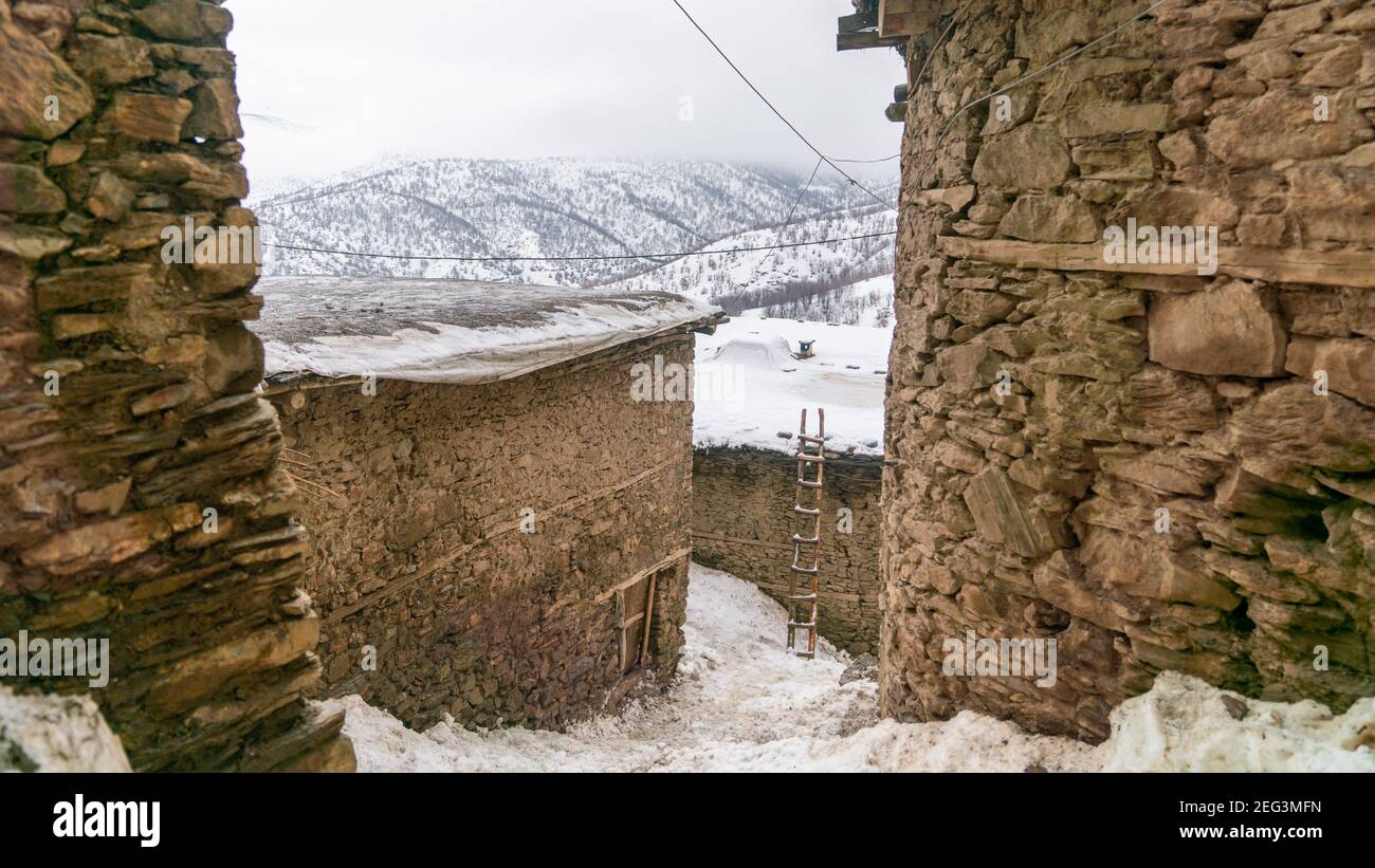 Hizan, Bitlis, Turkey - February 2020: Stone houses of a villahe in ...