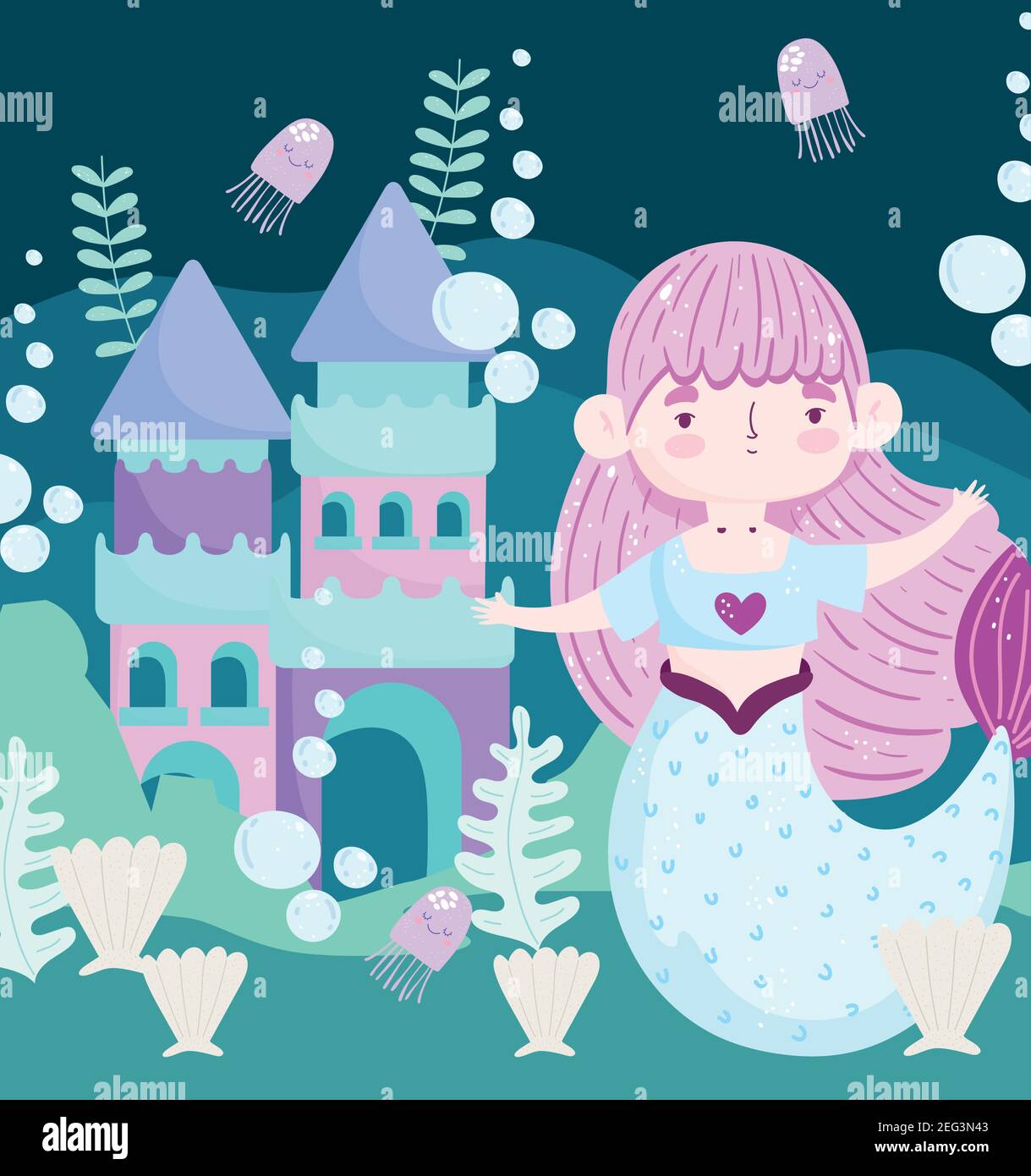 Cute Mermaid castle shells jellyfishes bubbles vector illustration ...