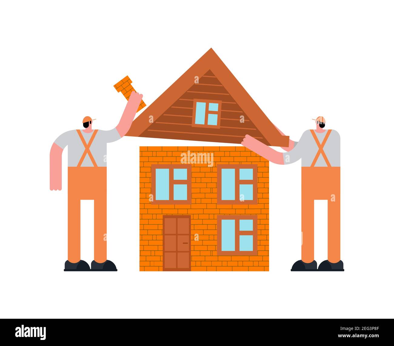 Builders building house cartoon. Illustration for developers Stock ...
