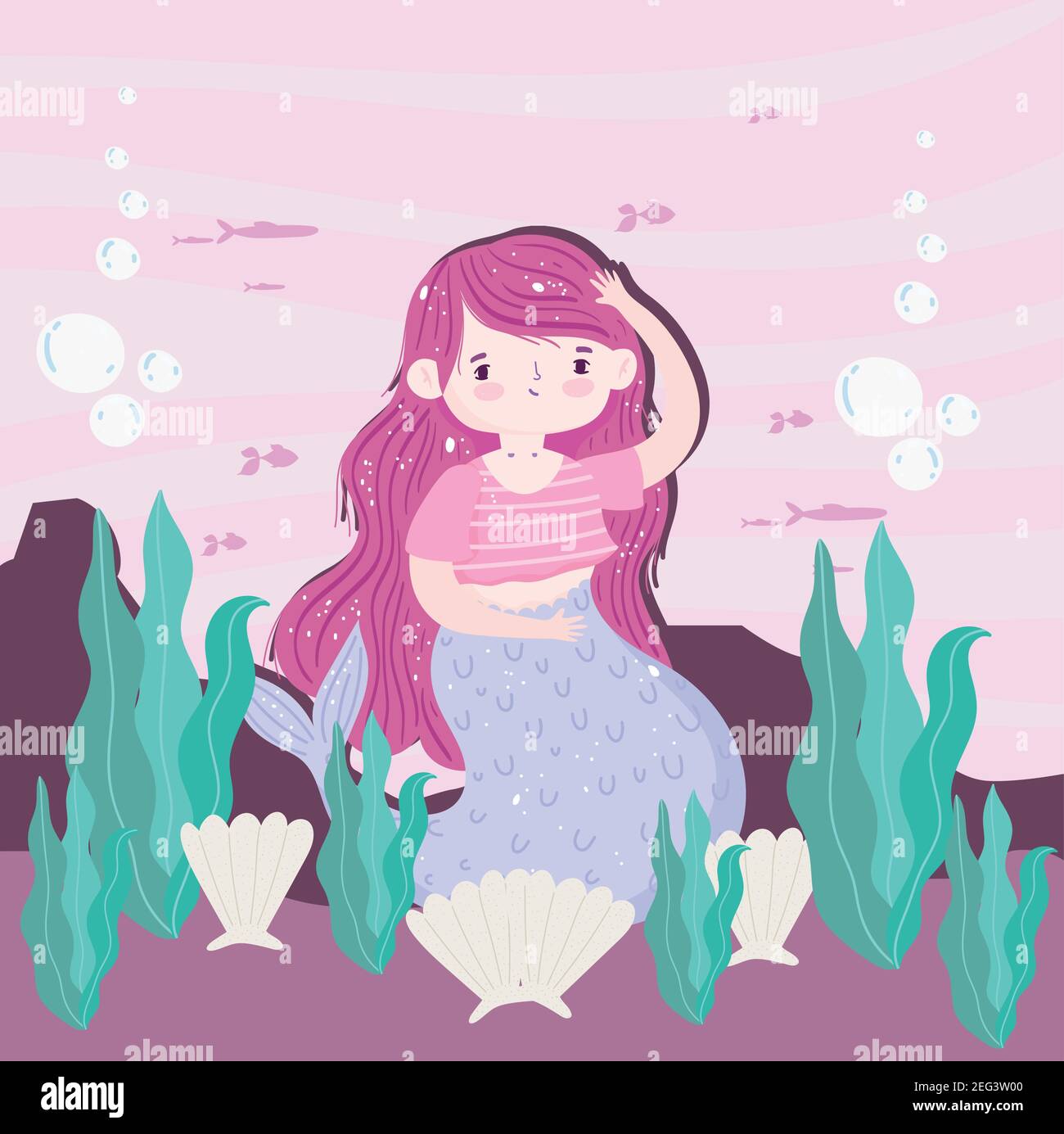 Mermaid seashells seaweeds bottom ocean vector illustration cartoon ...