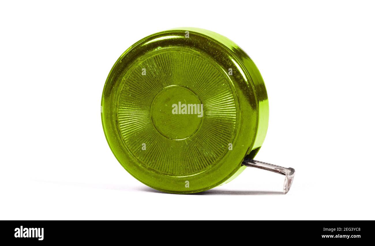 Old scratched green metal tape measure, measuring on white Stock Photo ...