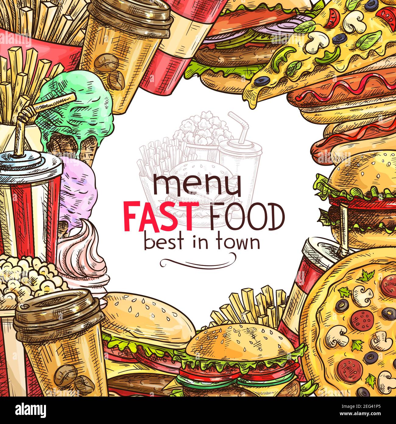 Fast food frame for restaurant menu cover template. Hamburger, hot dog ...