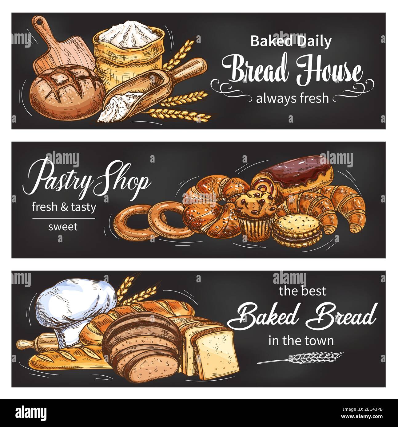 Bread blackboard banner set for bakery and pastry shop template. Fresh ...