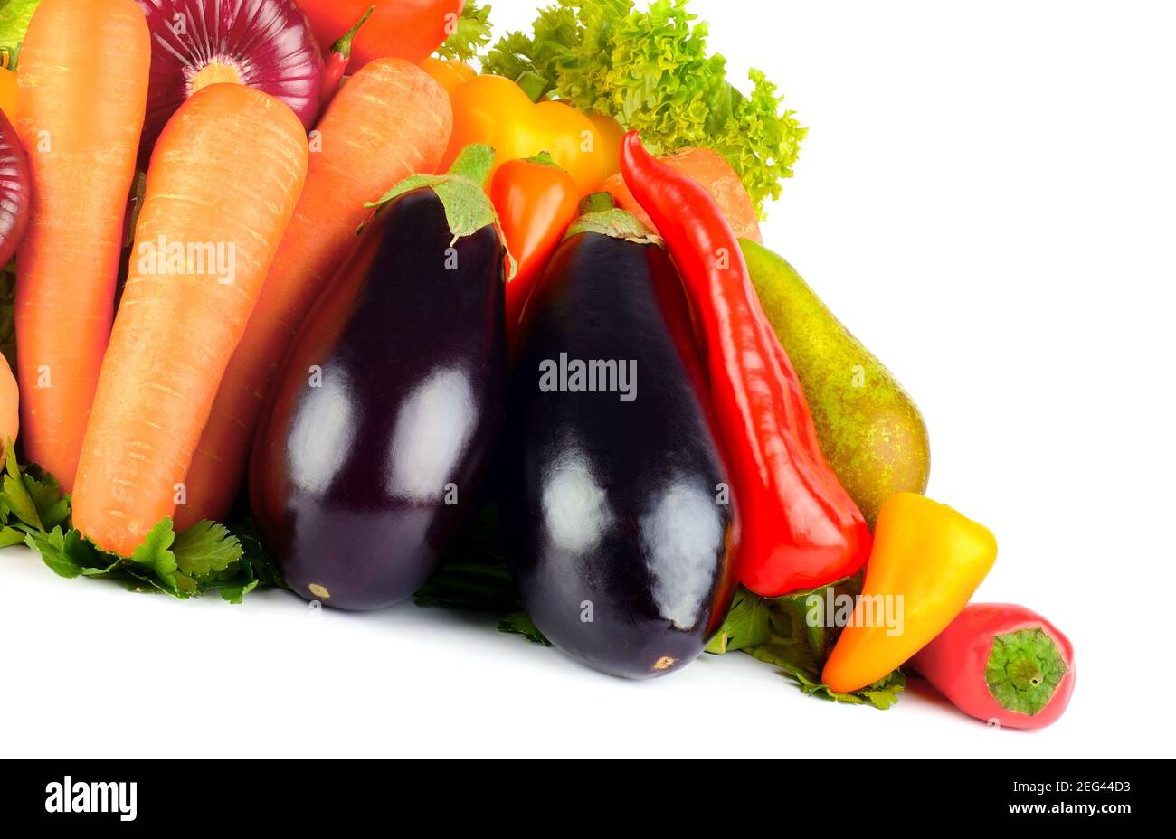 Ripe, bright vegetables and fruits isolated on white background. Copy ...