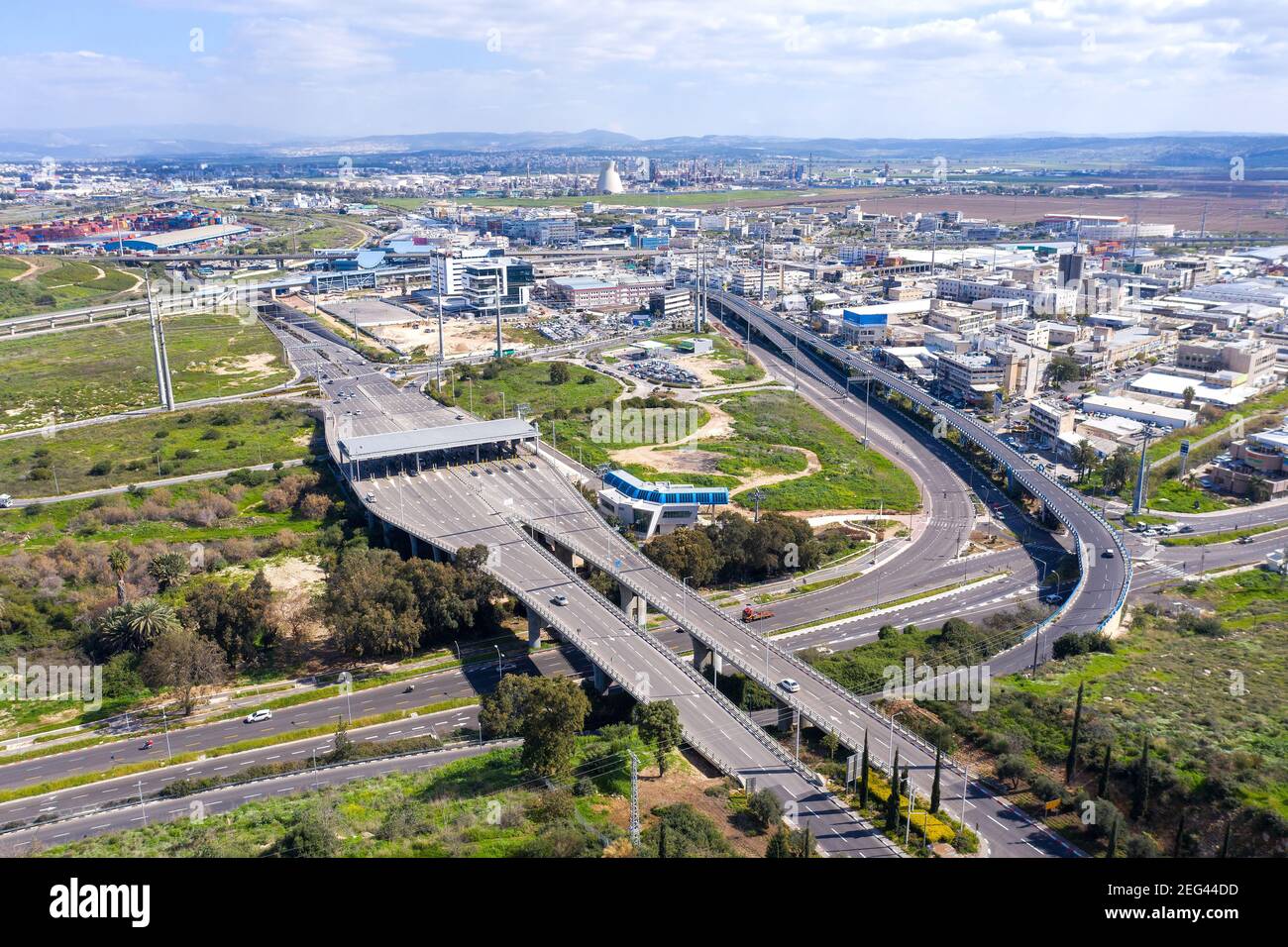 Toll road turnpike payment collection section, Aerial view Stock Photo ...