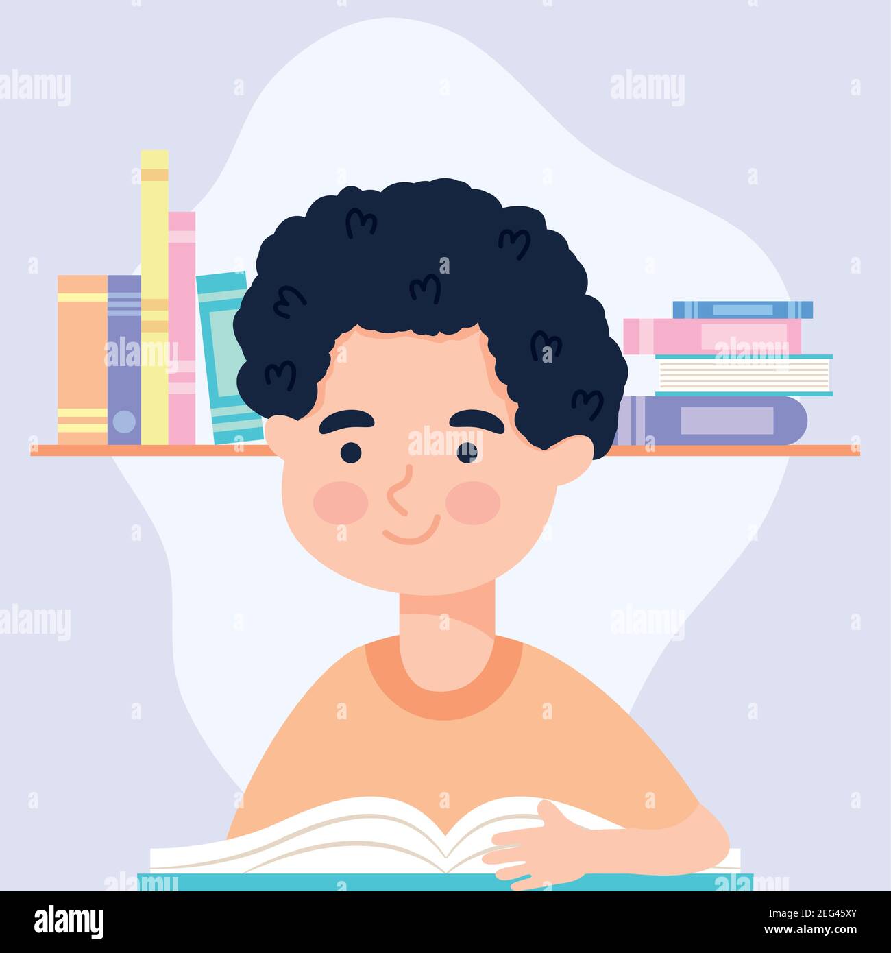 cartoon man reading a book over shelves with books and gray background ...