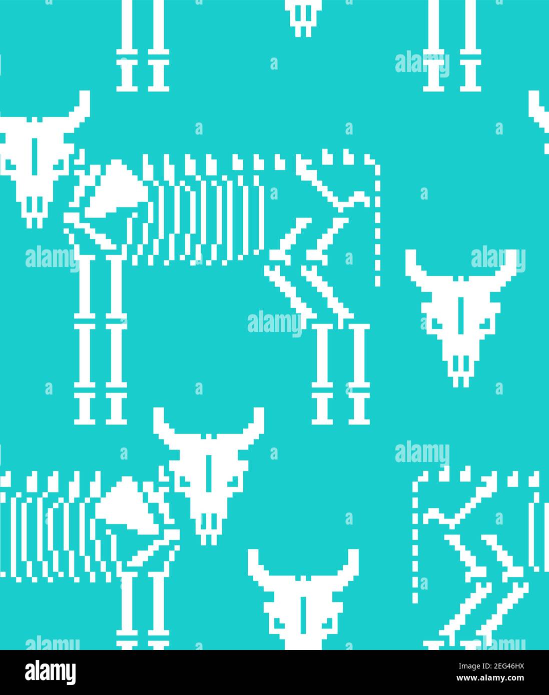 Cow skeleton pixel art pattern seamless. 8 bit Farm animal bones background. Bull anatomy ...