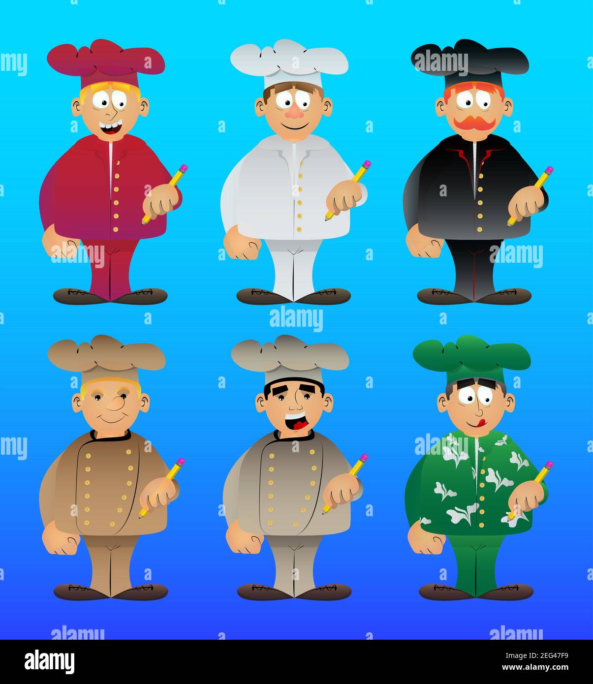 Fat male cartoon chef in uniform holding a pencil. Vector illustration ...