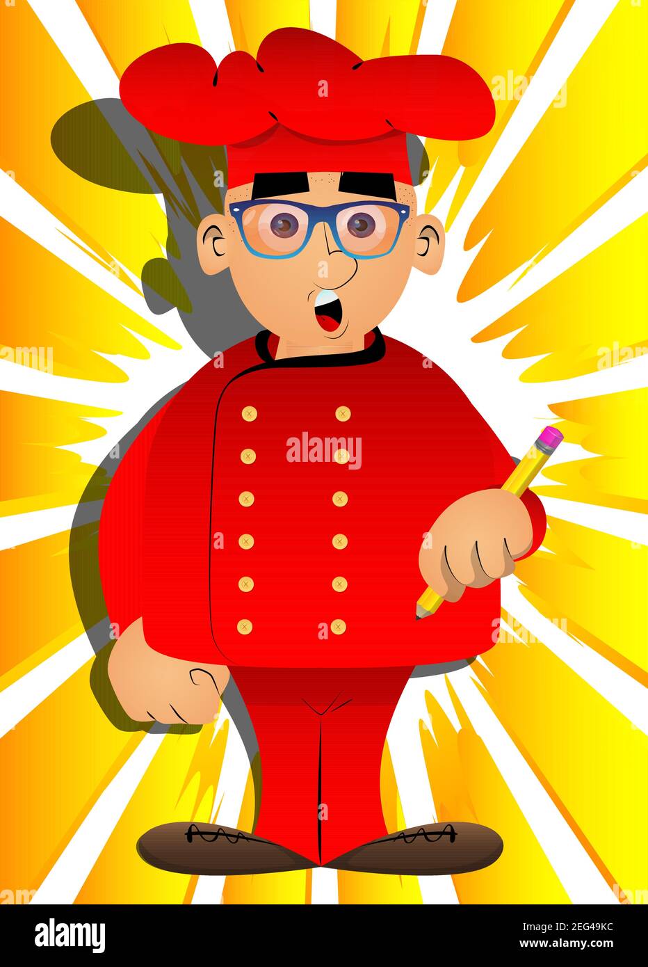 Fat male cartoon chef in uniform holding a pencil. Vector illustration ...