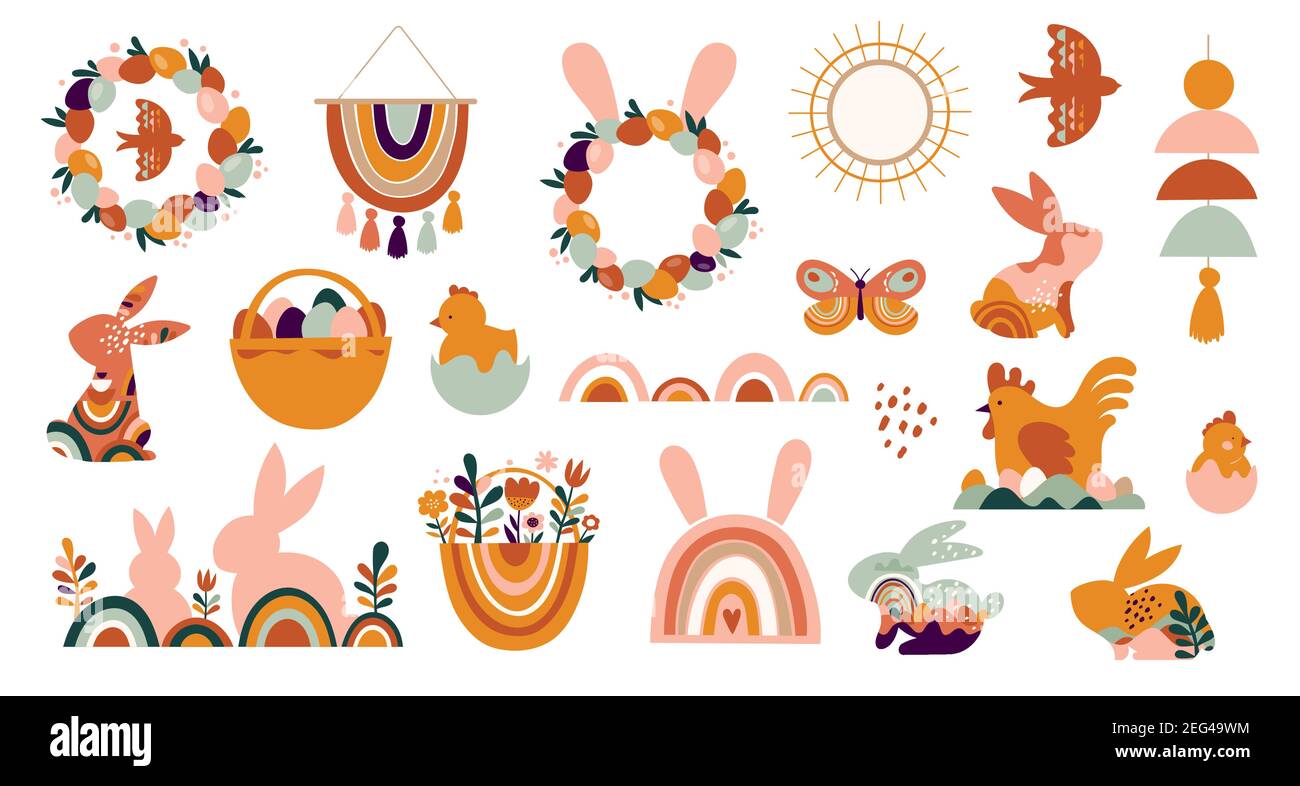Boho Easter concept design, bunnies, eggs, flowers and rainbows in ...