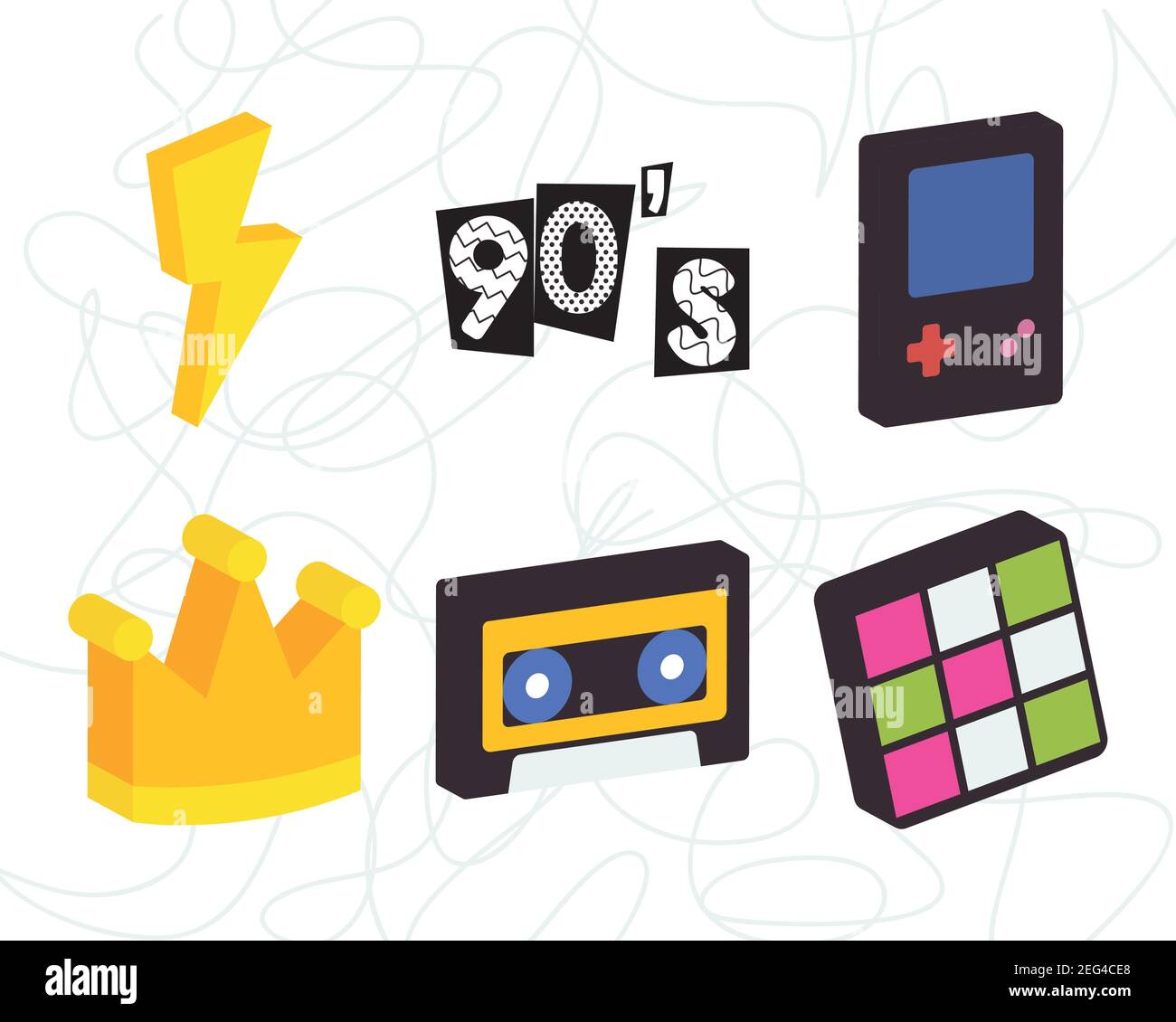 thunder and 90s icon set over white background, colorful design, vector ...