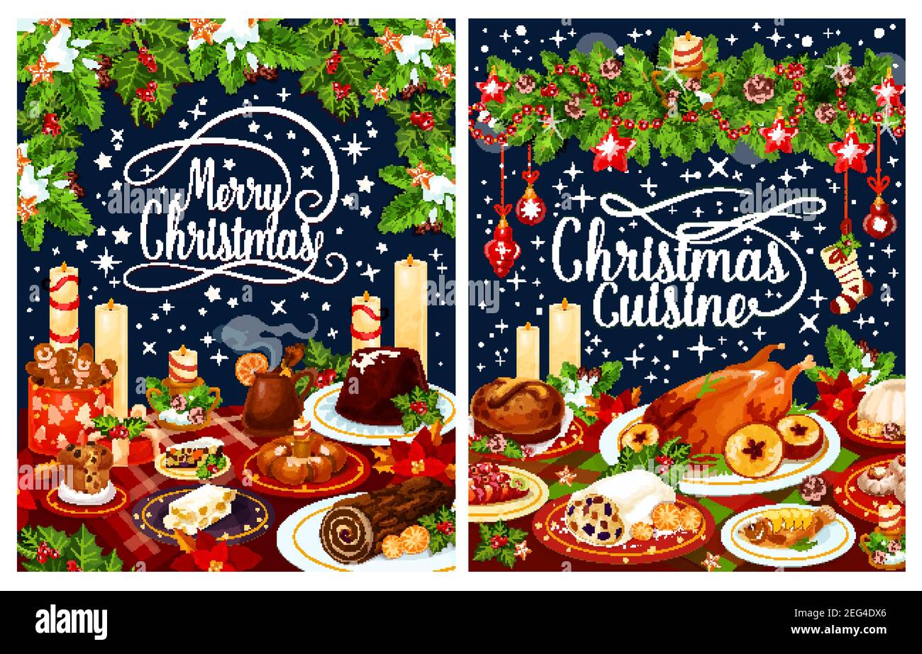 Christmas dinner poster with festive dishes. Baked turkey, Xmas pudding ...