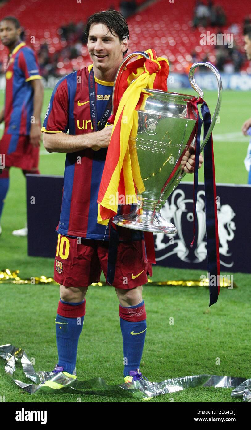 Barcelonas lionel messi with the uefa champions league trophy hi-res ...