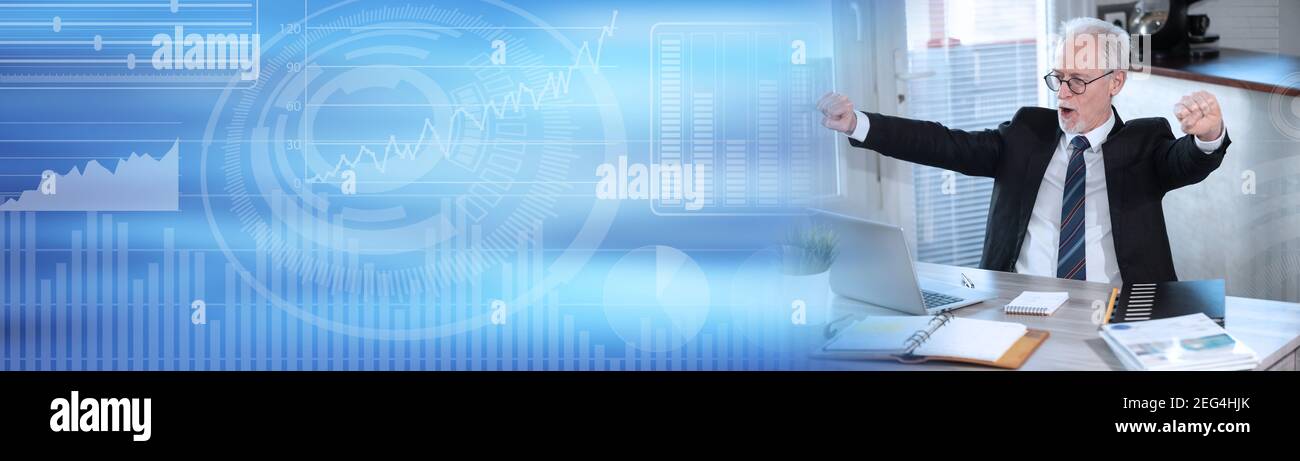 Senior businessman with arms up; business success; panoramic banner ...