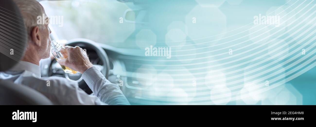 Man drinking alcohol while driving a car; panoramic banner Stock Photo ...