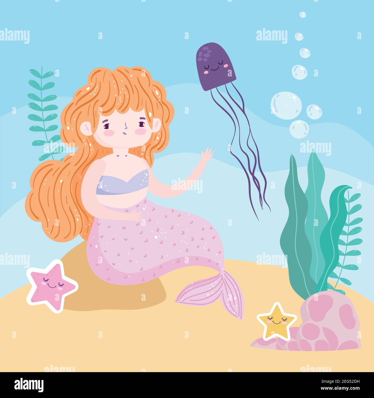 Blonde Mermaid sitting on rock with jellyfih seaweed vector ...