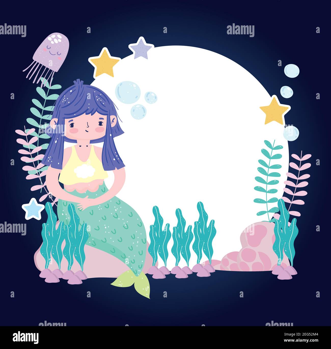 Mermaid with purple hair sitting on stone starfish jellyfih sea vector ...