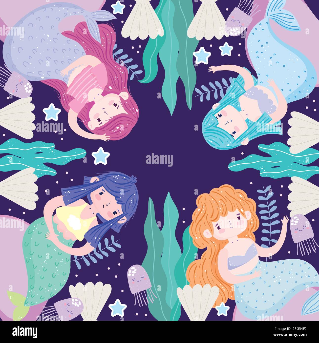 Cartoon Mermaids cute underwater seaweed seashells vector illustration ...