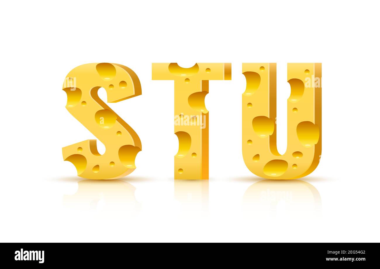 Cheese font 3d symbol, letter S T U set. Vector illustration Stock ...