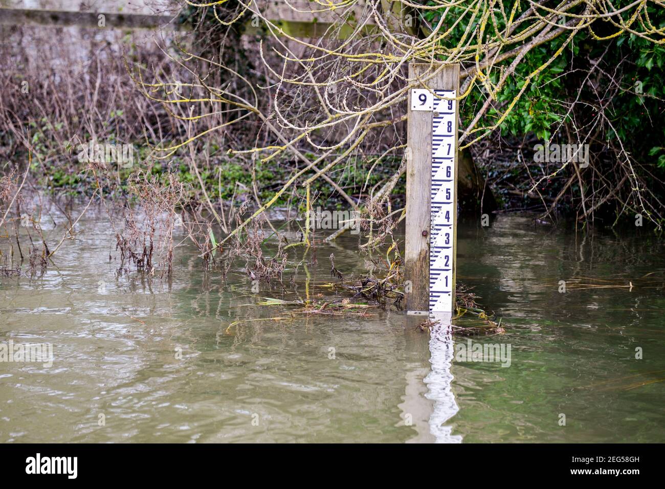 wooden River depth ruler used to measure the height of flowing river ...