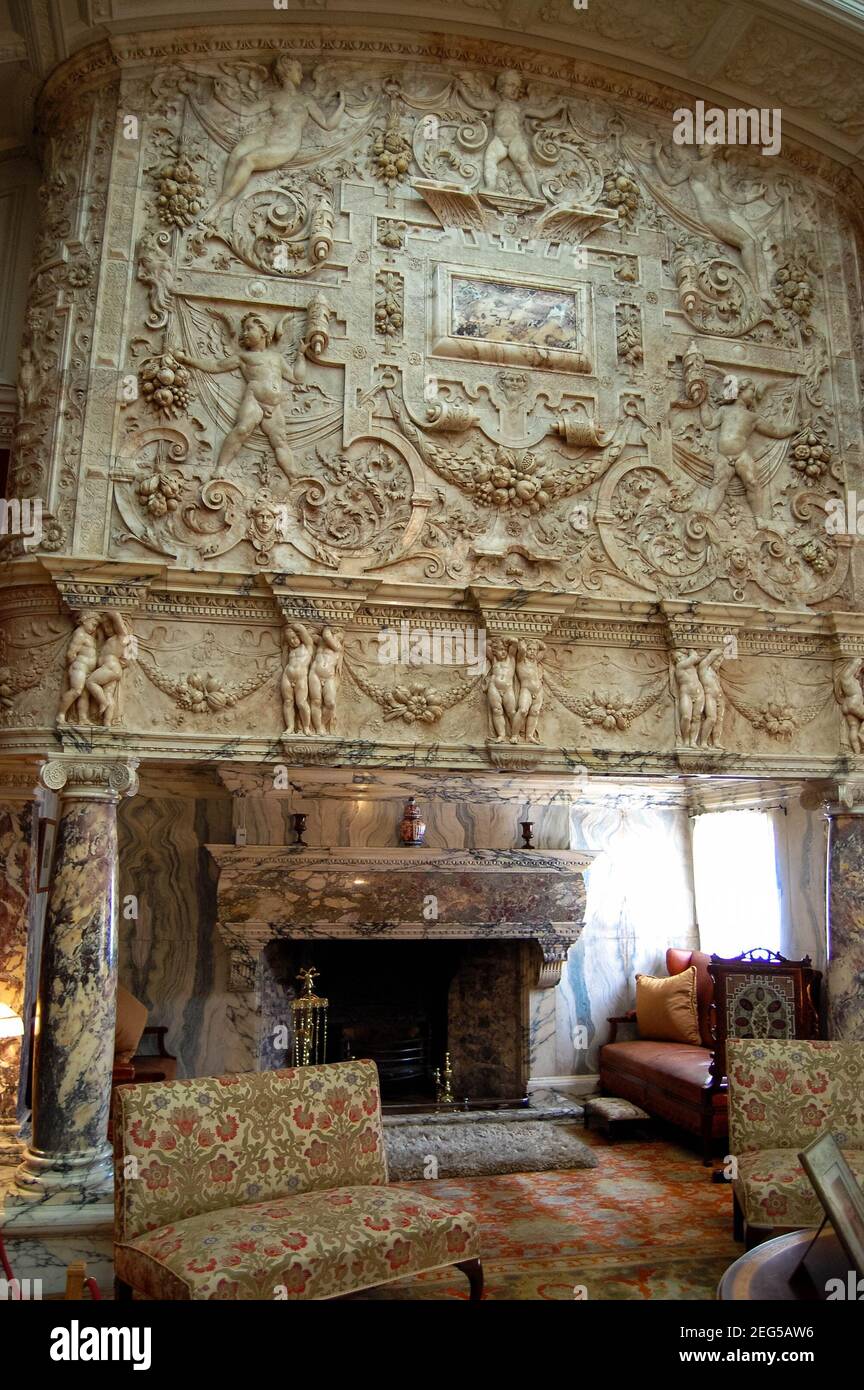 Fireplace in Cragside Northumberland UK lounge art artwork stone pillar ...