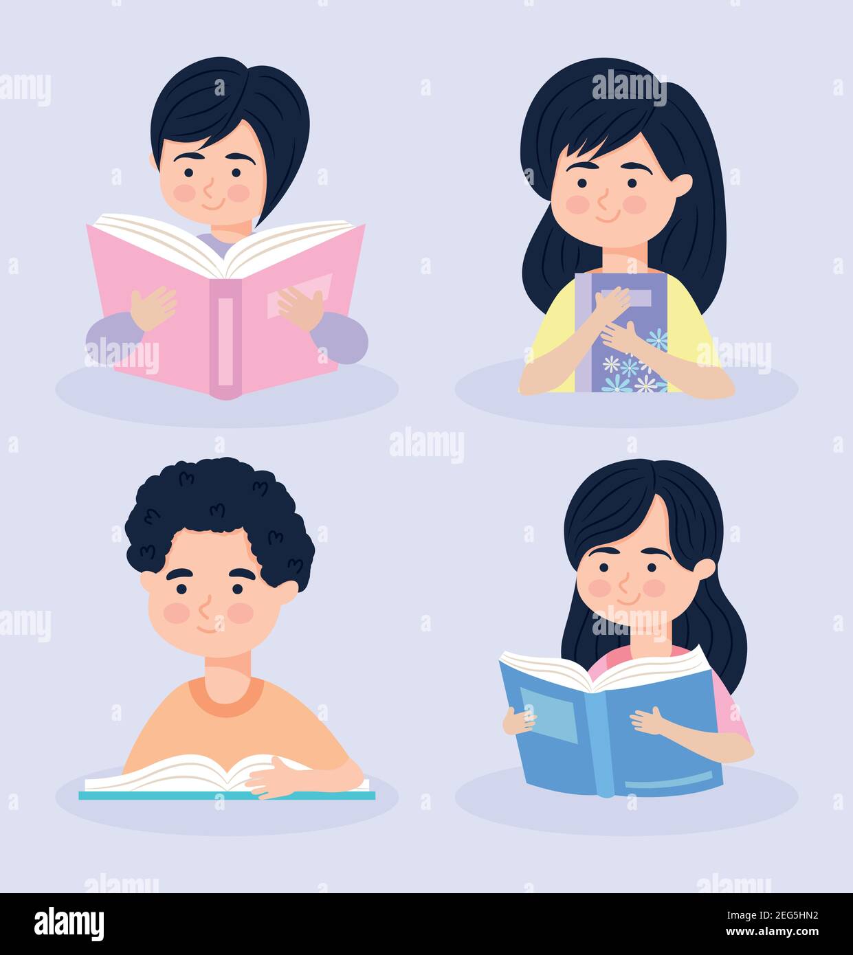 icon set of people reading books over purple background, colorful ...