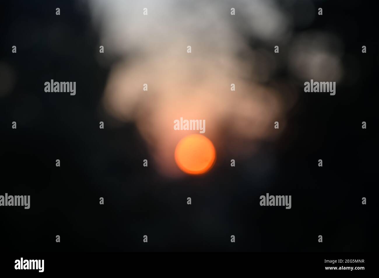 Early morning sun rising in between dark trees with out of focus bokeh ...