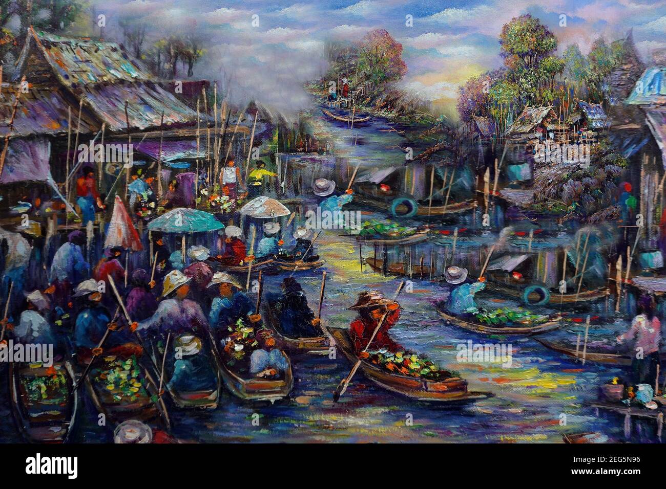 Art painting Oil color Floating market Thailand , rural life , rural ...