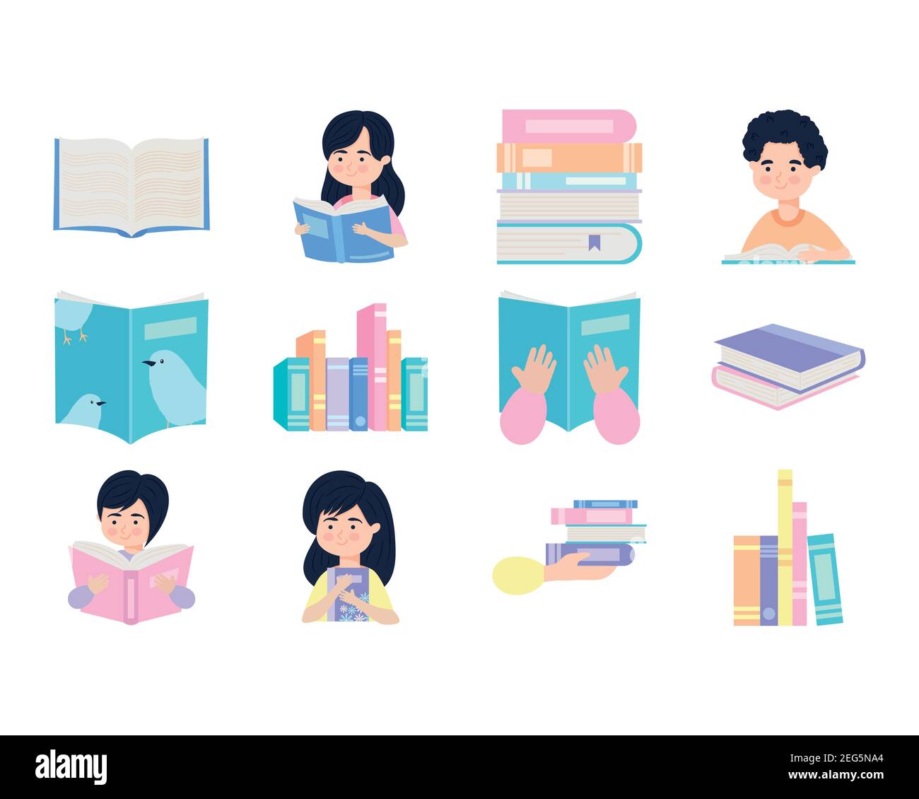 icon set of people reading and books over white background, colorful ...