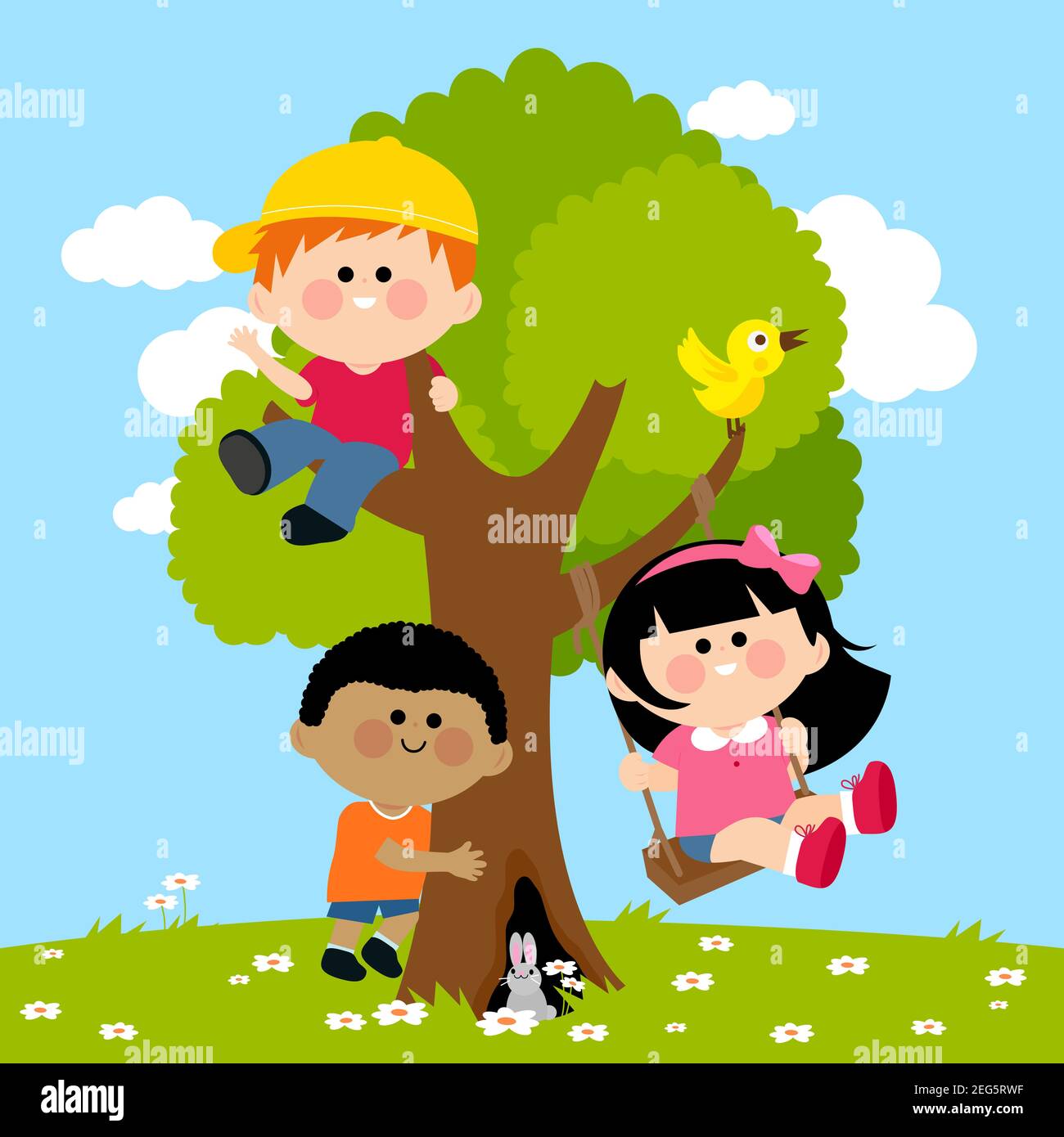 Children playing outdoors in the backyard and climbing on a tree. A ...
