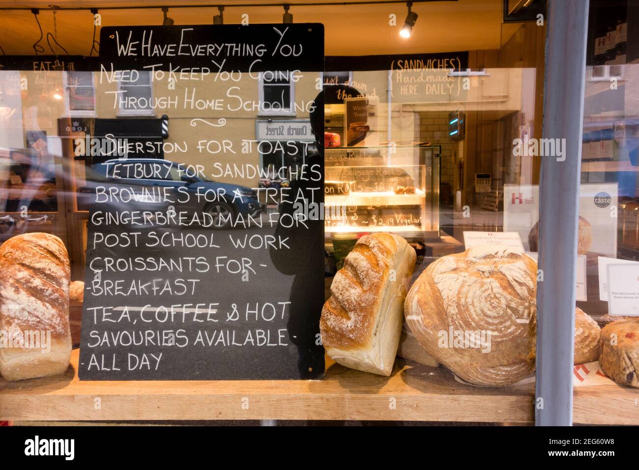 Window display of local artisan bakery shop, Tetbury, Gloucestershire ...