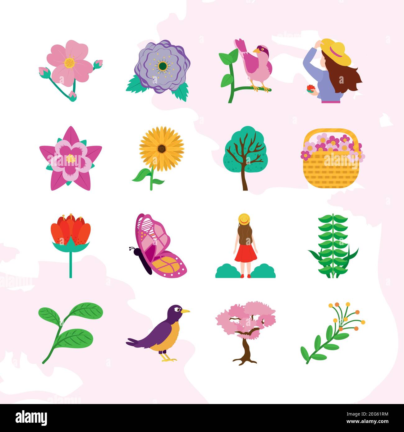 spring flowers and related icons set over white background, colorful ...