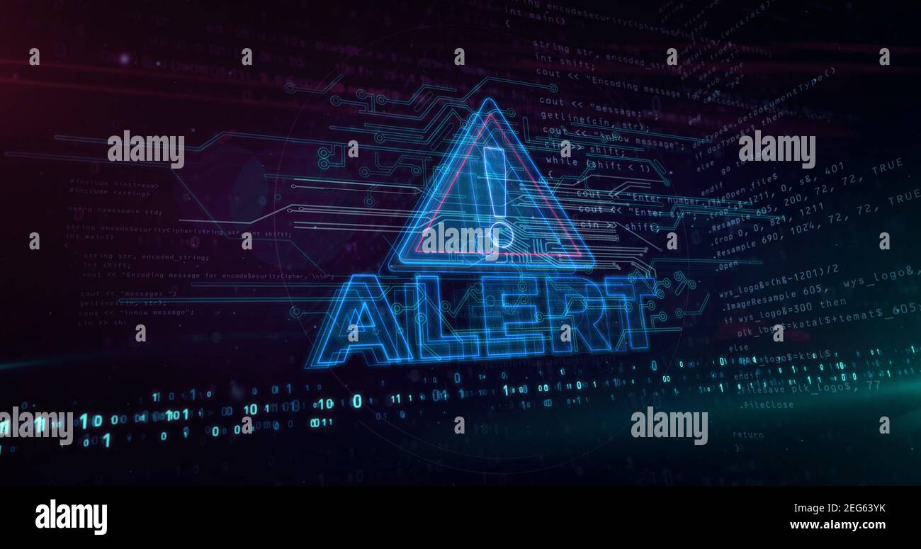 Alert warning concept with exclamation symbol, danger, cyber attack and computer security breach ...