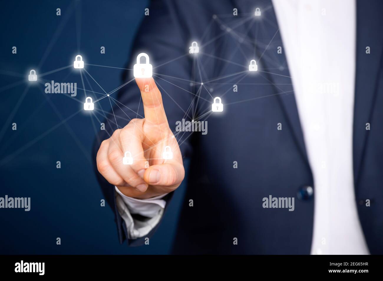 Businessman hand touching virtual screen. Cybersecurity and information ...