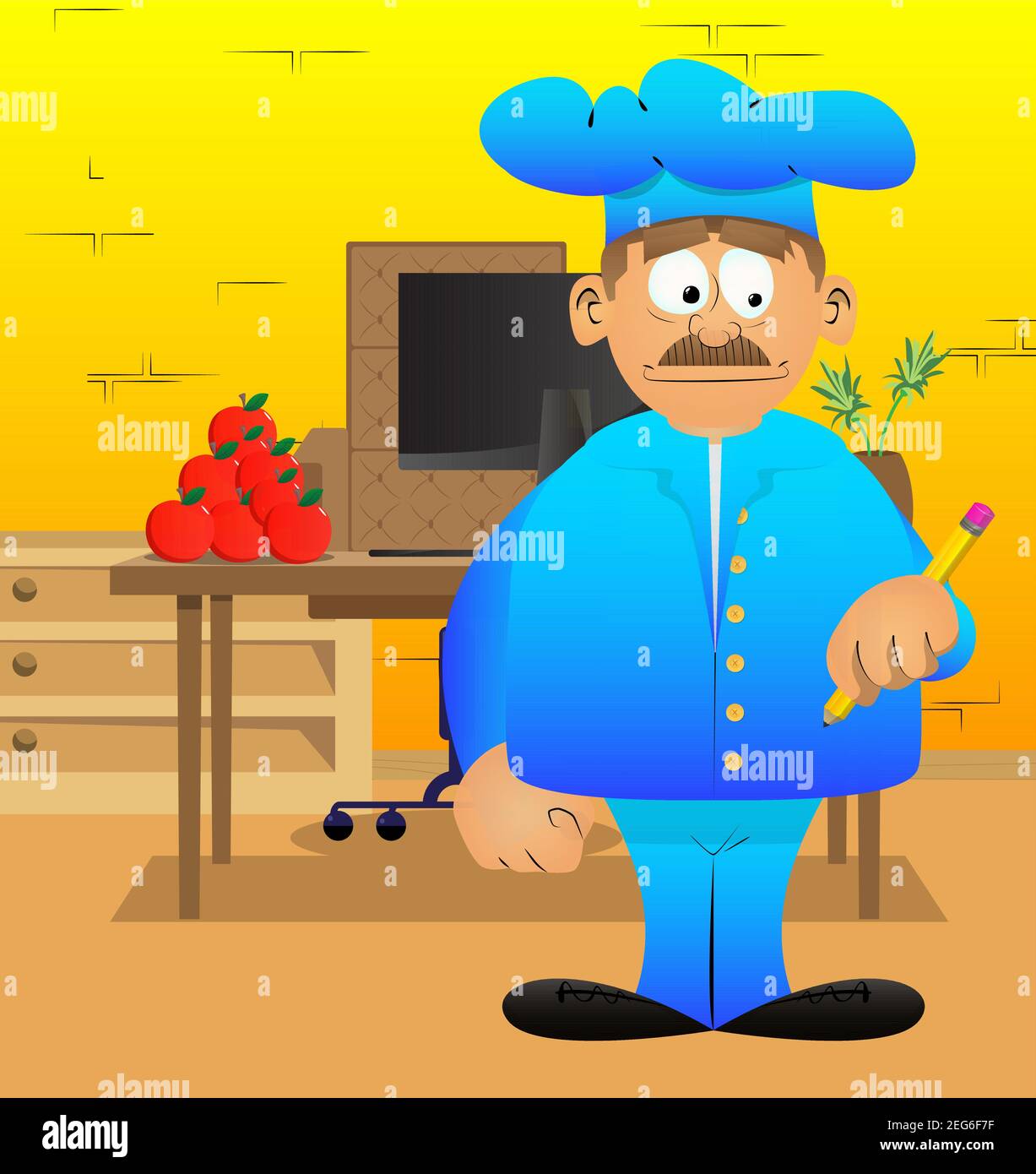 Fat male cartoon chef in uniform holding a pencil. Vector illustration ...