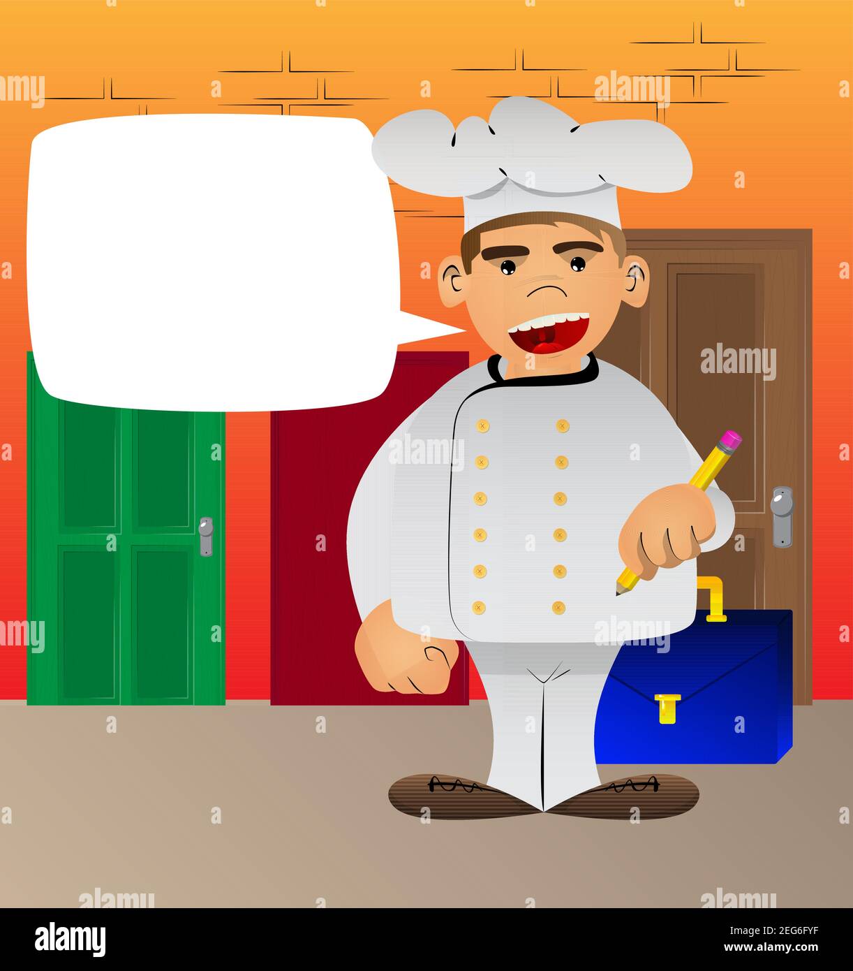 Fat male cartoon chef in uniform holding a pencil. Vector illustration ...