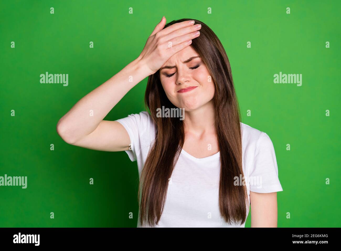Photo portrait of angry girl touching forehead with palm facepalming ...