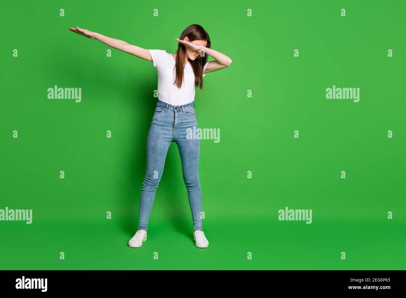Full length body size photo of brunette girl wearing white t-shirt ...