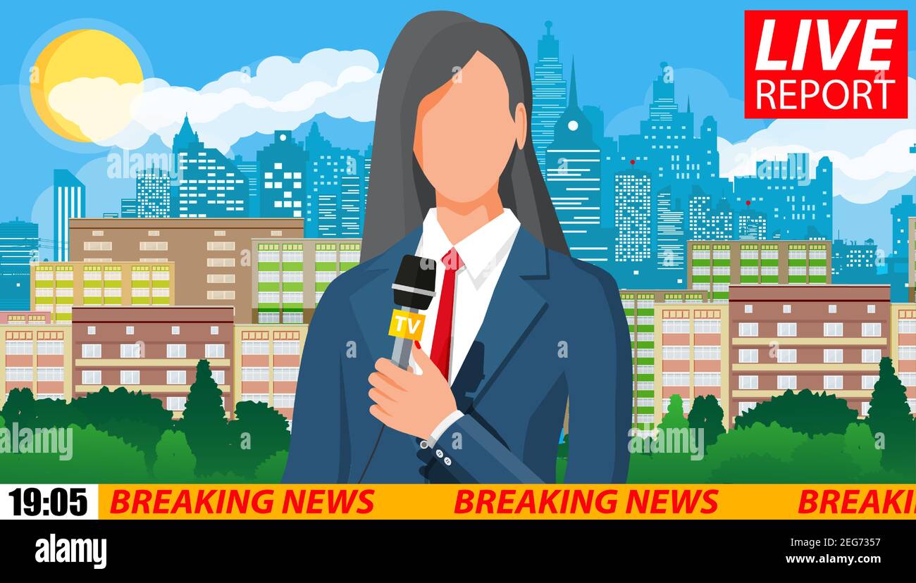 News announcer in the studio. Cityscape with buildings, clouds, sky, sun. Journalism, live ...