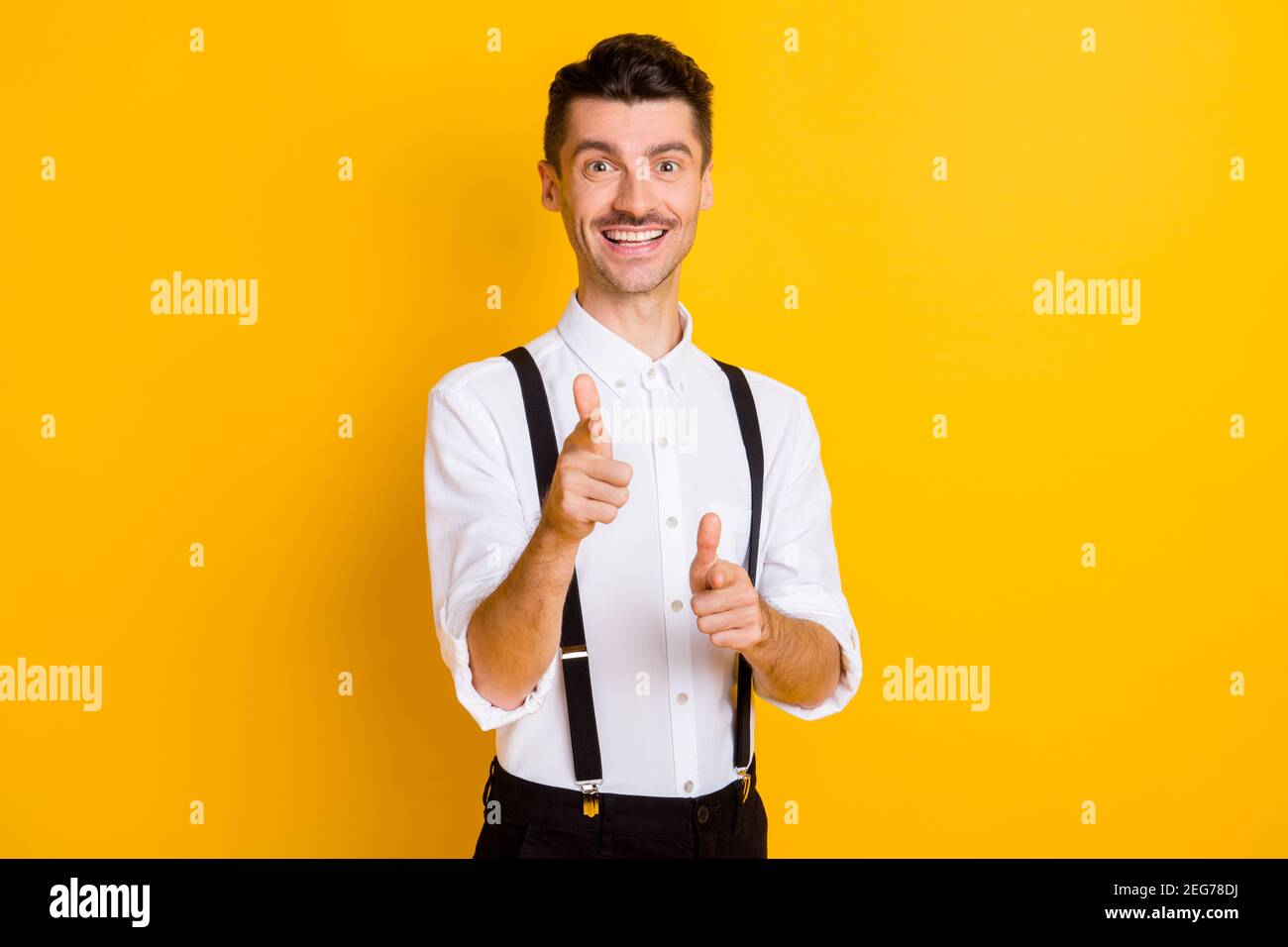 Photo portrait of funky happy gentleman pointing fingers choosing ...