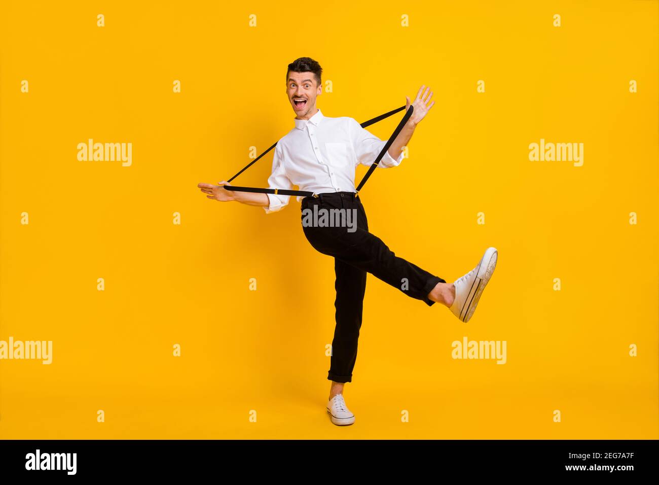 Full length body size view of funny cheerful guy dancing pulling ...