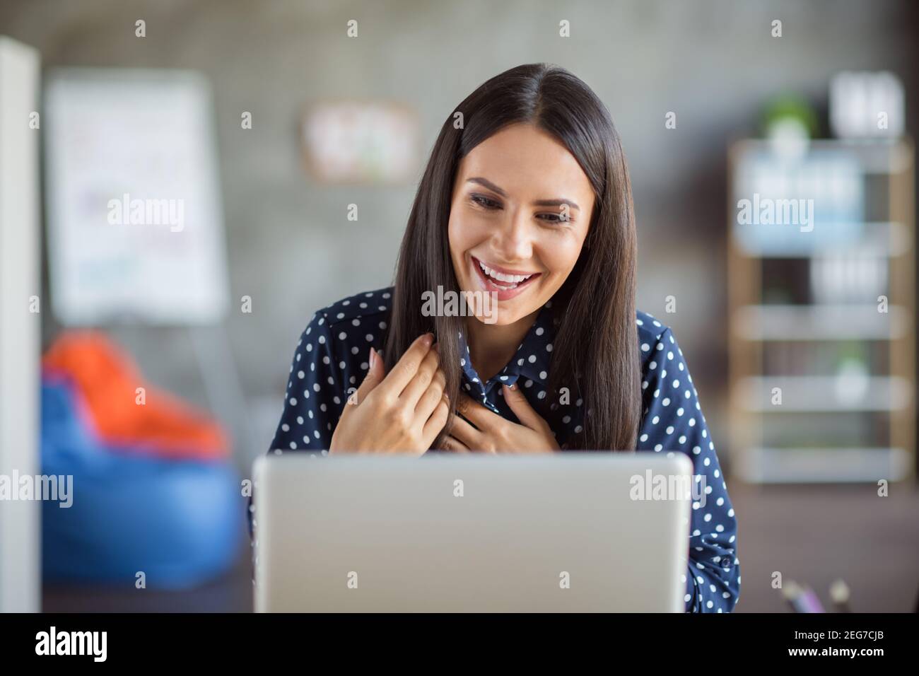 Photo of young beautiful smiling happy positive good mood businesswoman ...