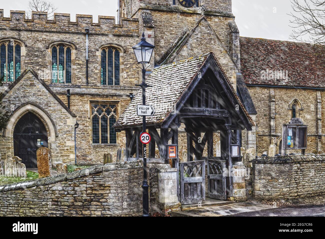 Snow storm at St Mary's Church, Felmersham, Bedfordshire, England, UK ...