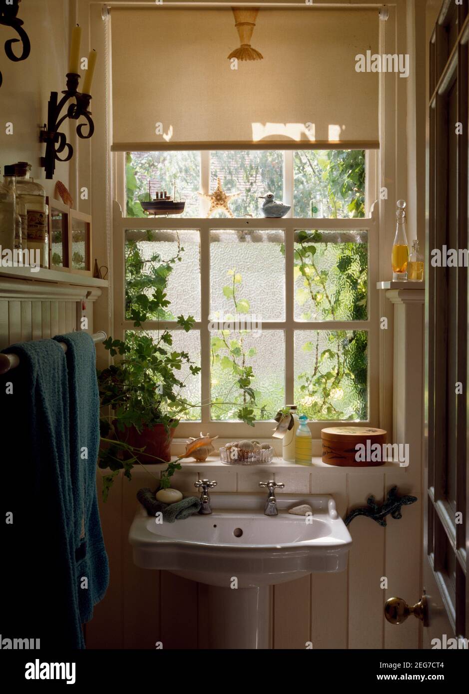 Sach window in cloakroom looking out to garden Stock Photo - Alamy