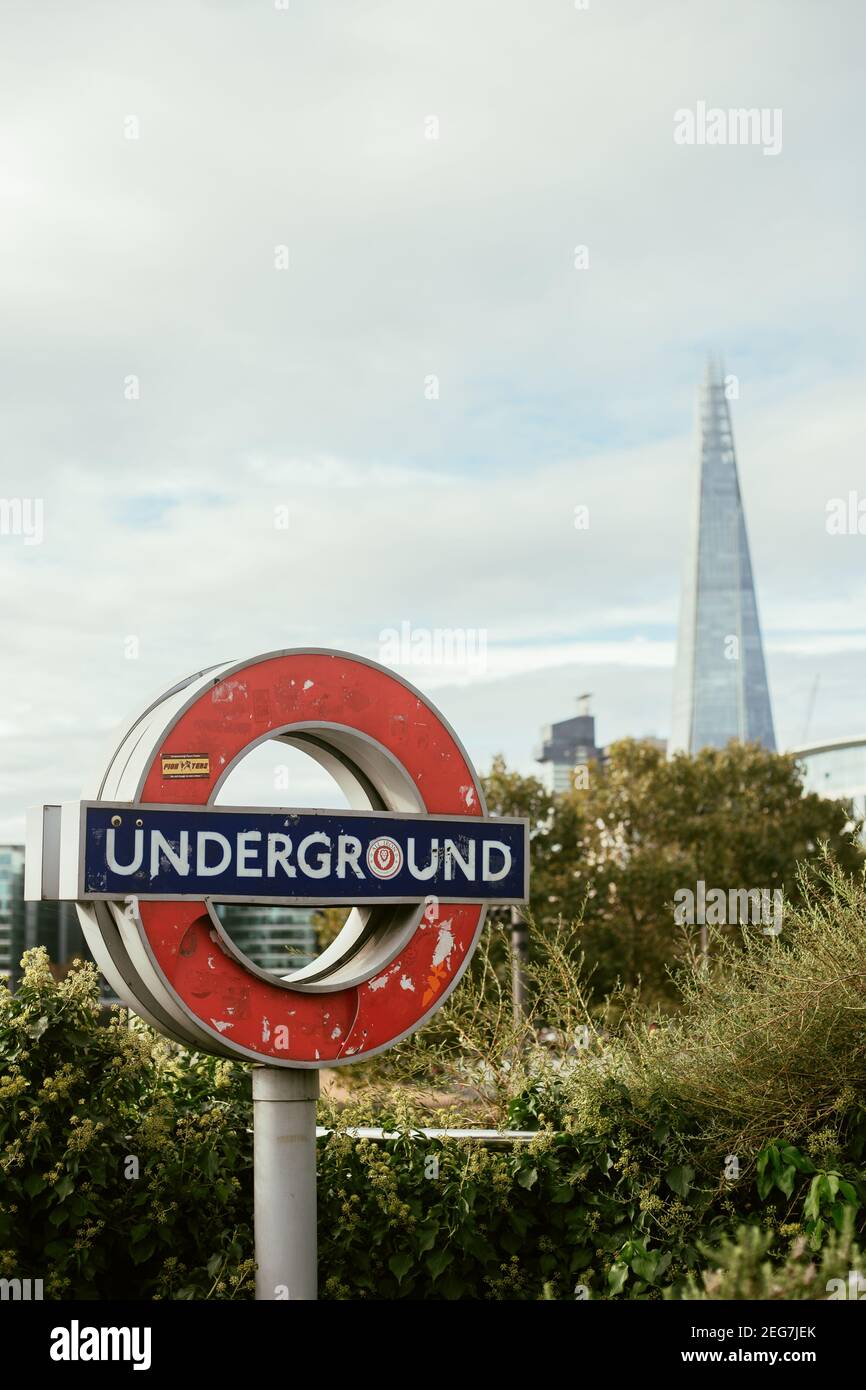 L, UNITED KINGDOM - Oct 12, 2018: A underground stop sign in London ...