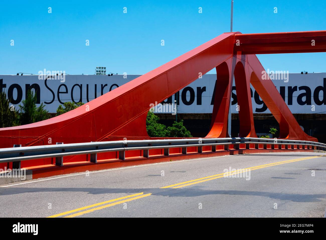 Buenos Aires, Argentina. February 6, 2021. Orange metal bridge (Zapiola ...
